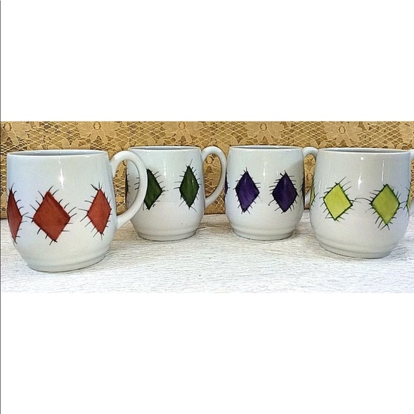 Kitchen | 4 Mid Century Hand Painted Coffee Cup Mugs Harlequin Diamond ...